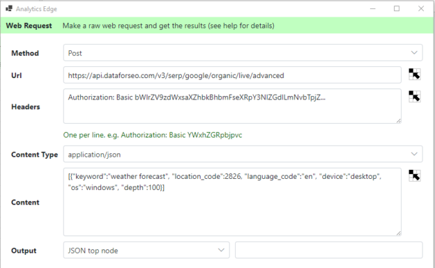 Use Web Request Function To Query DataForSEO API | Analytics Edge Help