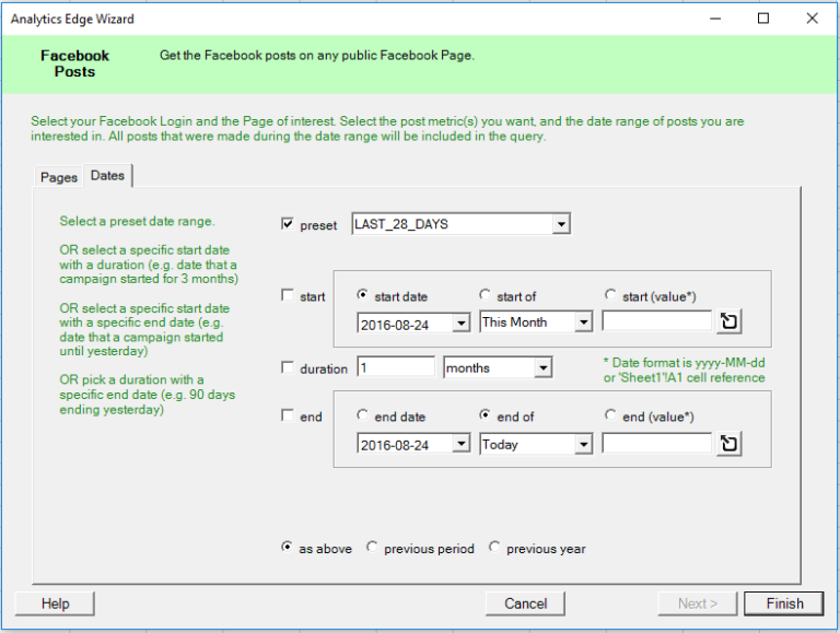 Page Posts Dates Analytics Edge Help